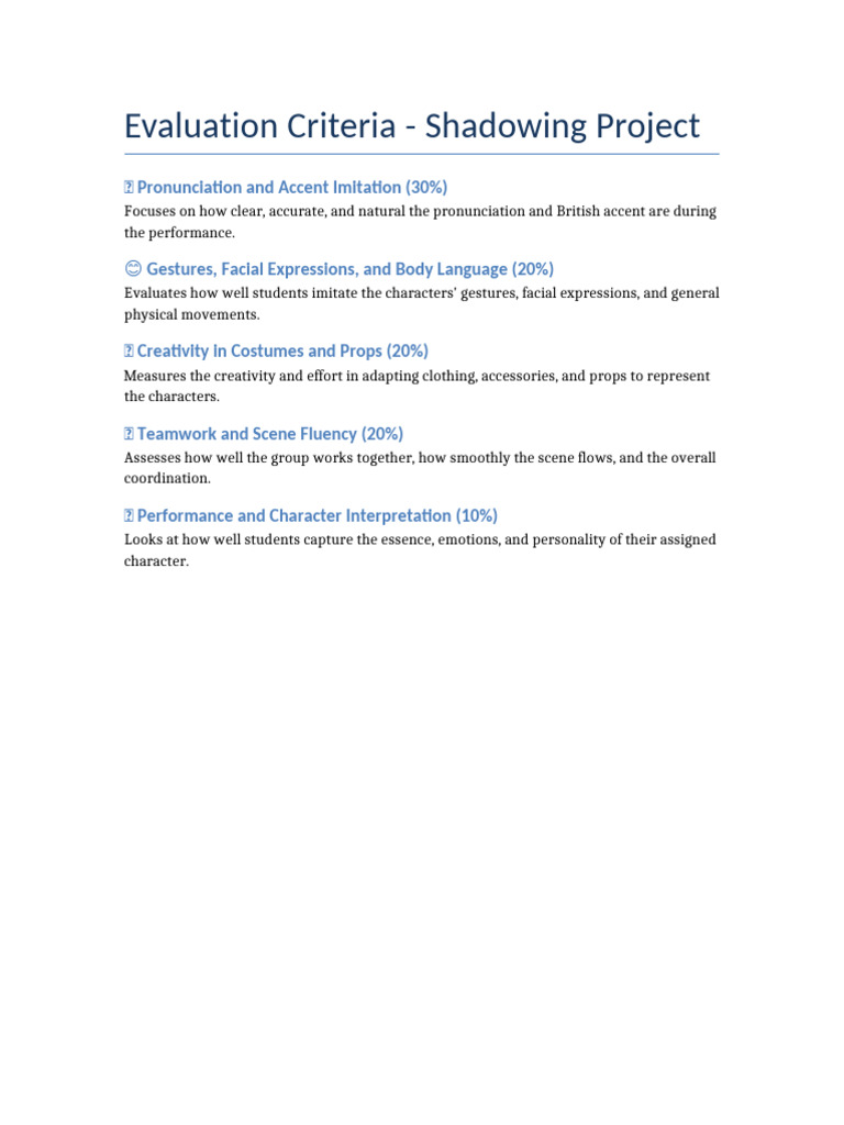 Evaluation Criteria Shadowing Project | PDF