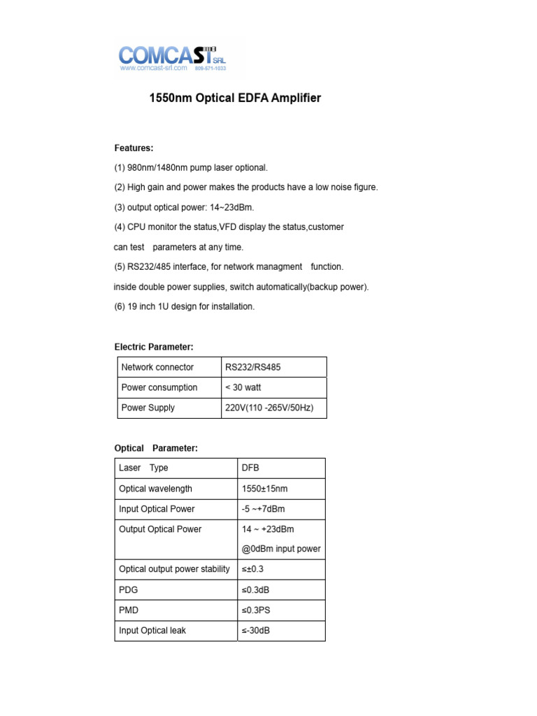 1550nm Optical EDFA Amplifier Specs | PDF