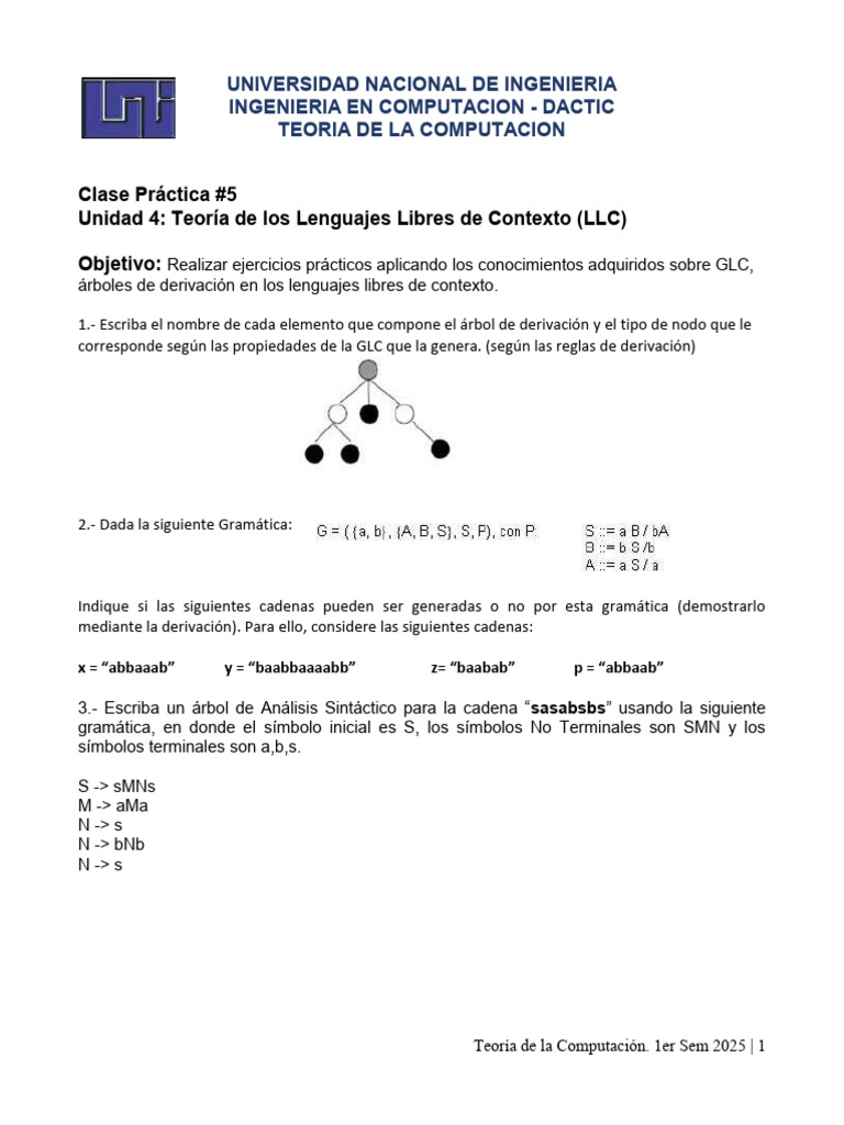 Clase Práctica #5 Unidad 4: Teoría de Los Lenguajes Libres de Contexto (LLC) Objetivo | PDF