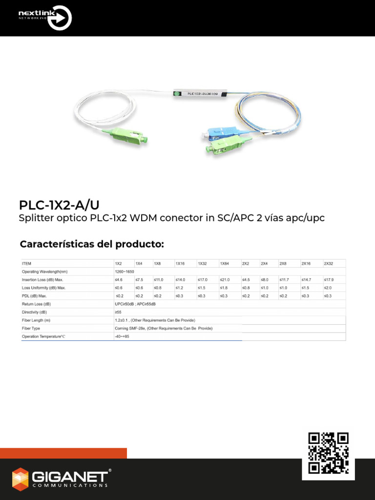 PLC-1X2-A/U: Splitter Optico PLC-1x2 WDM Conector in SC/APC 2 Vías Apc/upc | PDF
