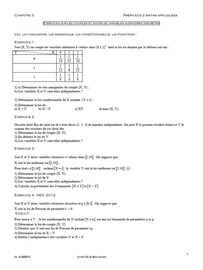 03 Chapitre 3 Exercices Sur Les Couples Et Suites de Variables ...