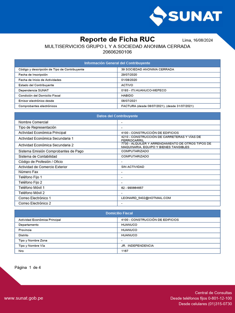 Ficha RUC (1) | PDF | Industrias de servicio | Telecomunicaciones