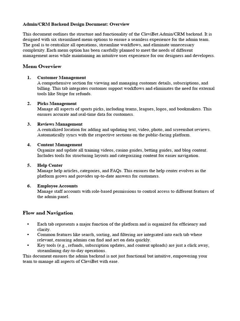 CleviBet Admin CRM Backend Overview | PDF | Tag (Metadata) | Customer ...