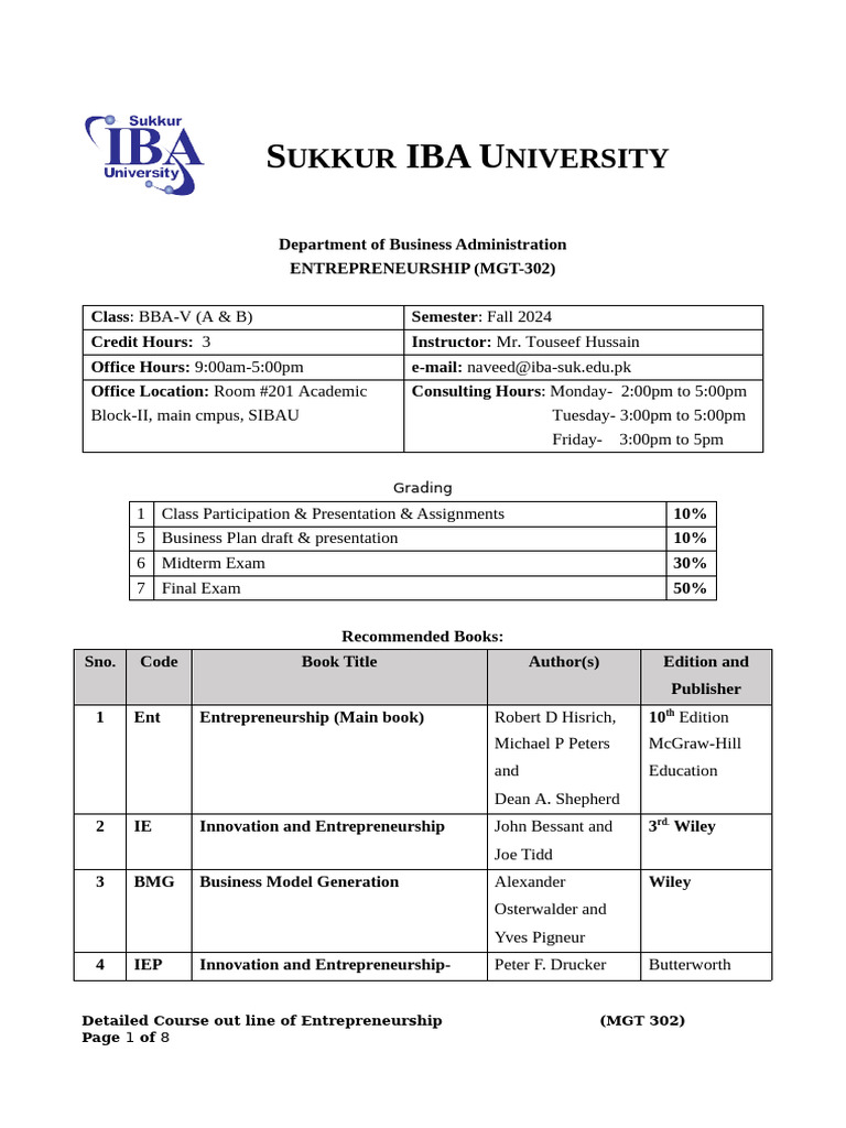 MGT-302 Entrepreneurship Course Outline | PDF | Entrepreneurship | Business