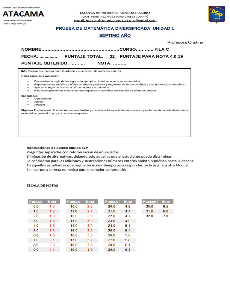 Prueba de Matemática Diversificada Séptimos | PDF | Entero | Sustracción