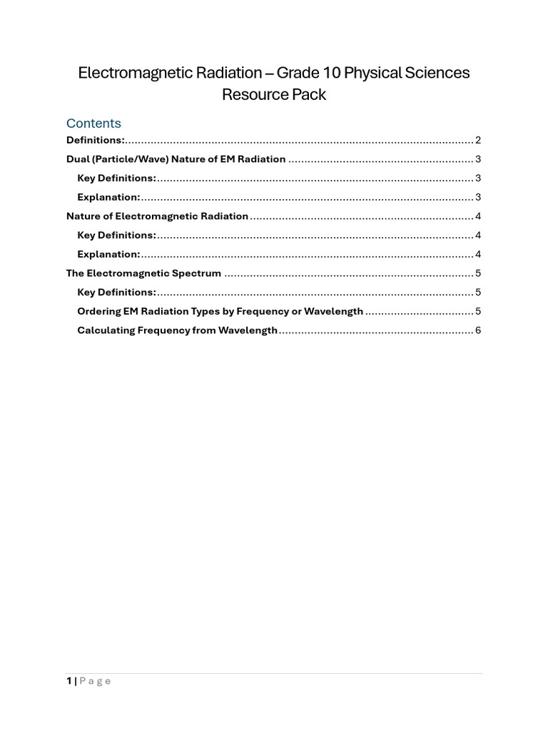 Electromagnetic Radiation - Grade 10 Physical Sciences Resource Pack | PDF | Electromagnetic ...
