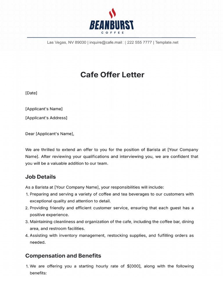 Cafe Offer Letter Template | PDF