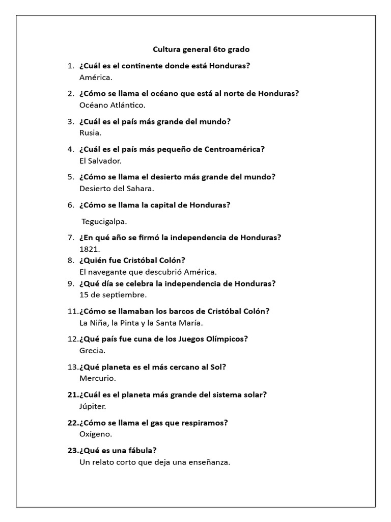 Preguntas de Cultura General 6to Grado | PDF | Honduras