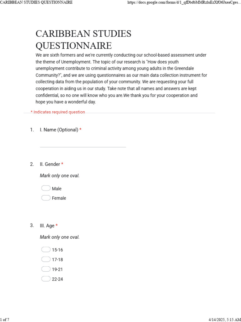 Caribbean Studies Questionnaire | PDF | Unemployment | Crimes