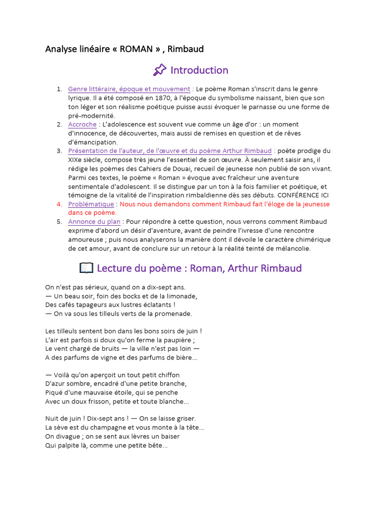 Rimbaud : Éloge de la jeunesse dans "Roman" | PDF | Arthur Rimbaud | Romans