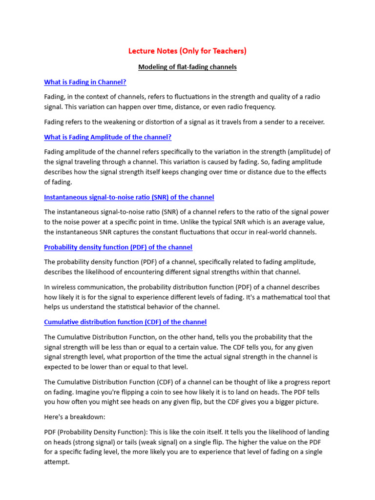 Def. Modeling of Channels (Fading, PDF, CDF, MGF) | PDF | Probability ...