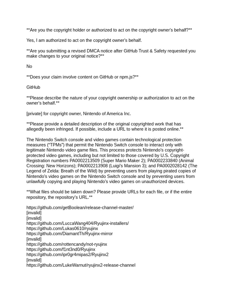 DMCA Takedown Notice for Ryujinx | PDF | Copyright Infringement ...