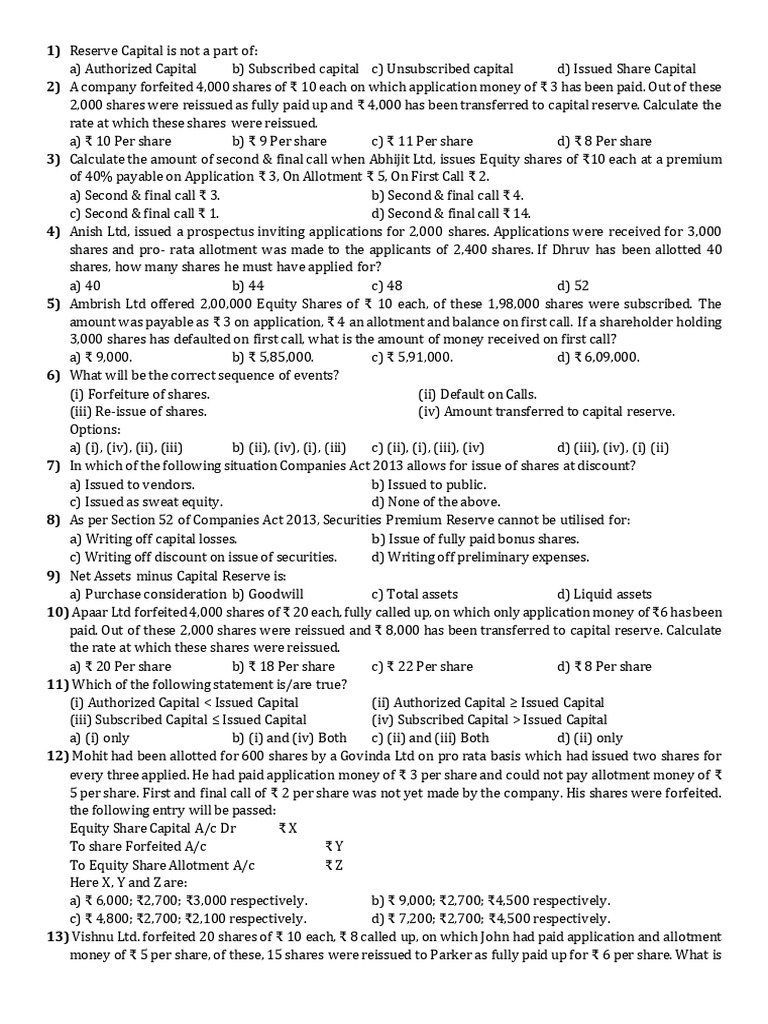 Accounting For Issue of Shares MCQ Worksheet 1 | PDF | Equity (Finance) | Goodwill (Accounting)