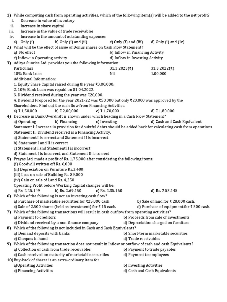 Cash Flow Statement Work Sheet Sample Paper and Cbse Paper | PDF | Book ...