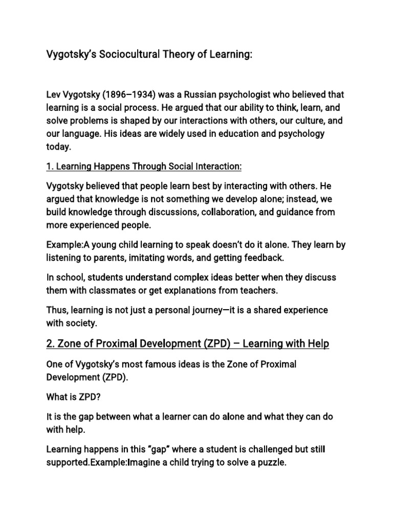 Vygotsky's Sociocultural Theory Self | PDF | Education Theory | Learning