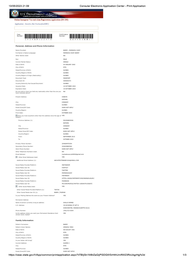 Consular Electronic Application Center - Print Application MAMADOU OURY BARRY | PDF | Social ...