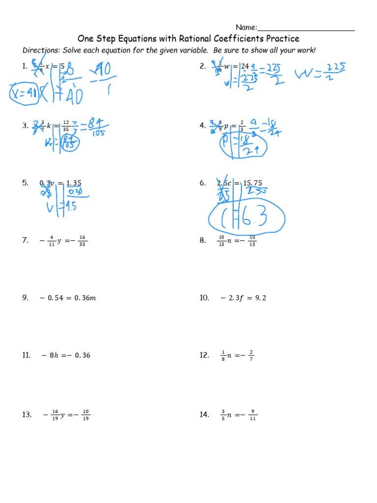 One Step Equations With Rational Coefficients Practice | PDF