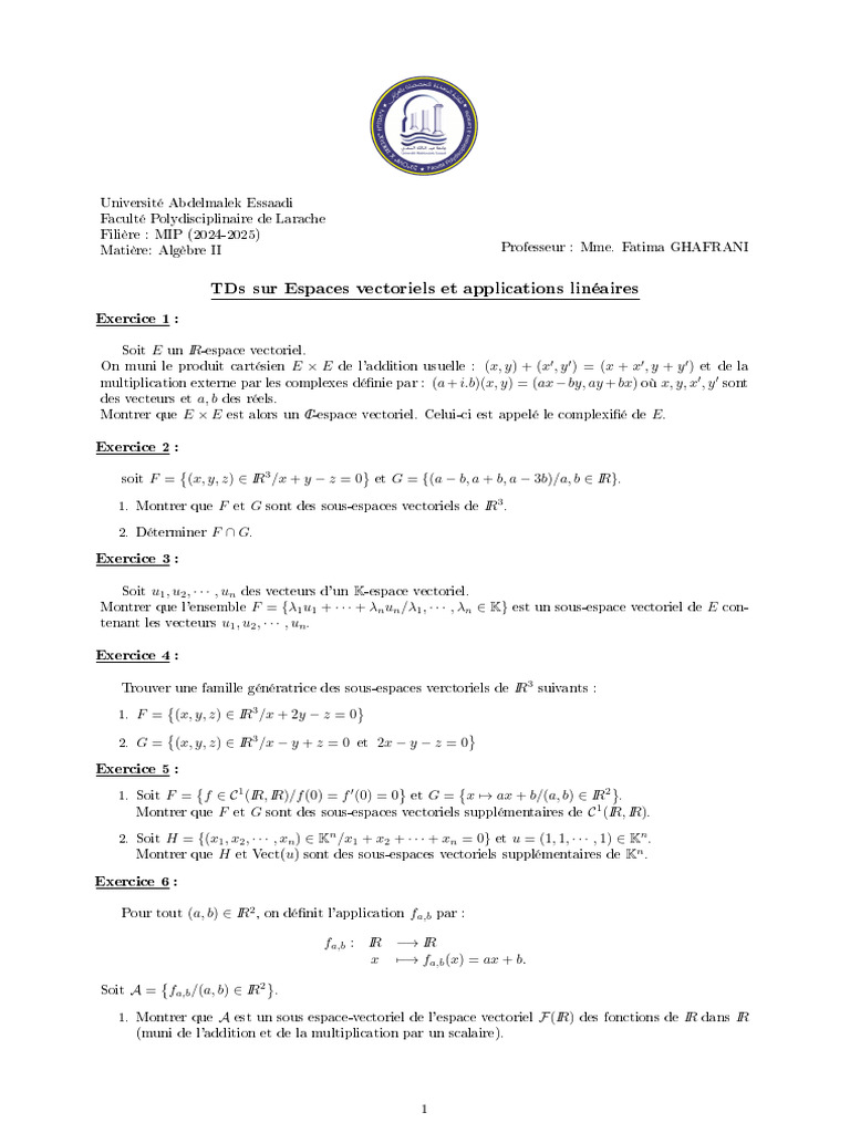 Exercices d'Algèbre II sur Espaces Vectoriels | PDF | Espace vectoriel ...