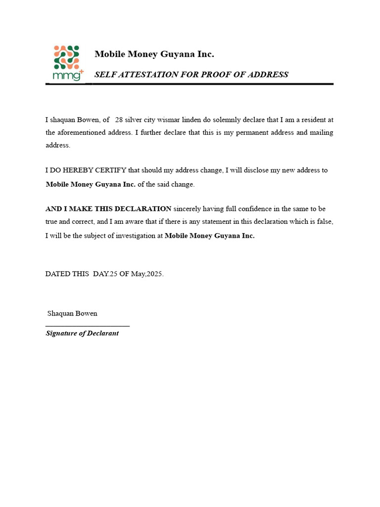 MMG - Self-Attestation For Proof of Address | PDF