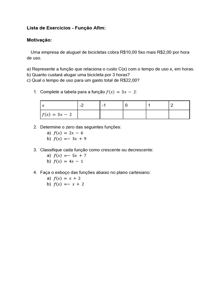 Lista de Exercícios (Função Afim) | PDF