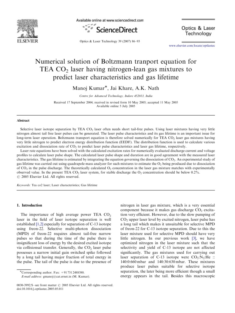 Numerical Solution Of Boltzmann Tranport Pdf Gases Laser