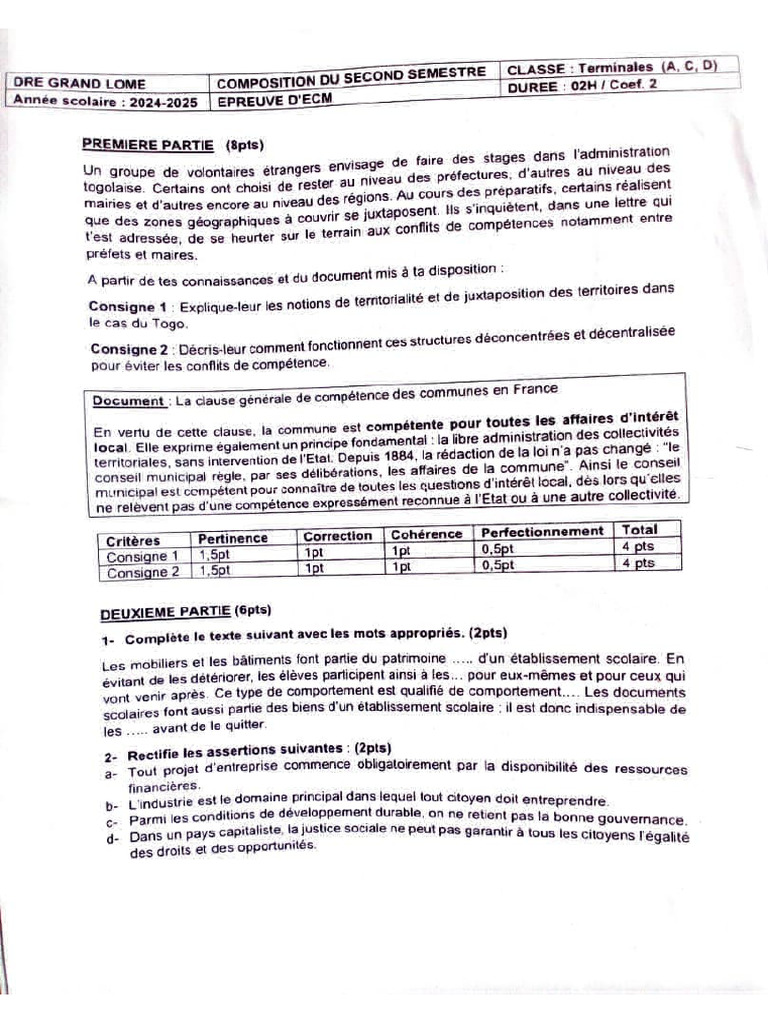 Épreuves Tle D Composition Régional Dre-Grand Lomé | PDF