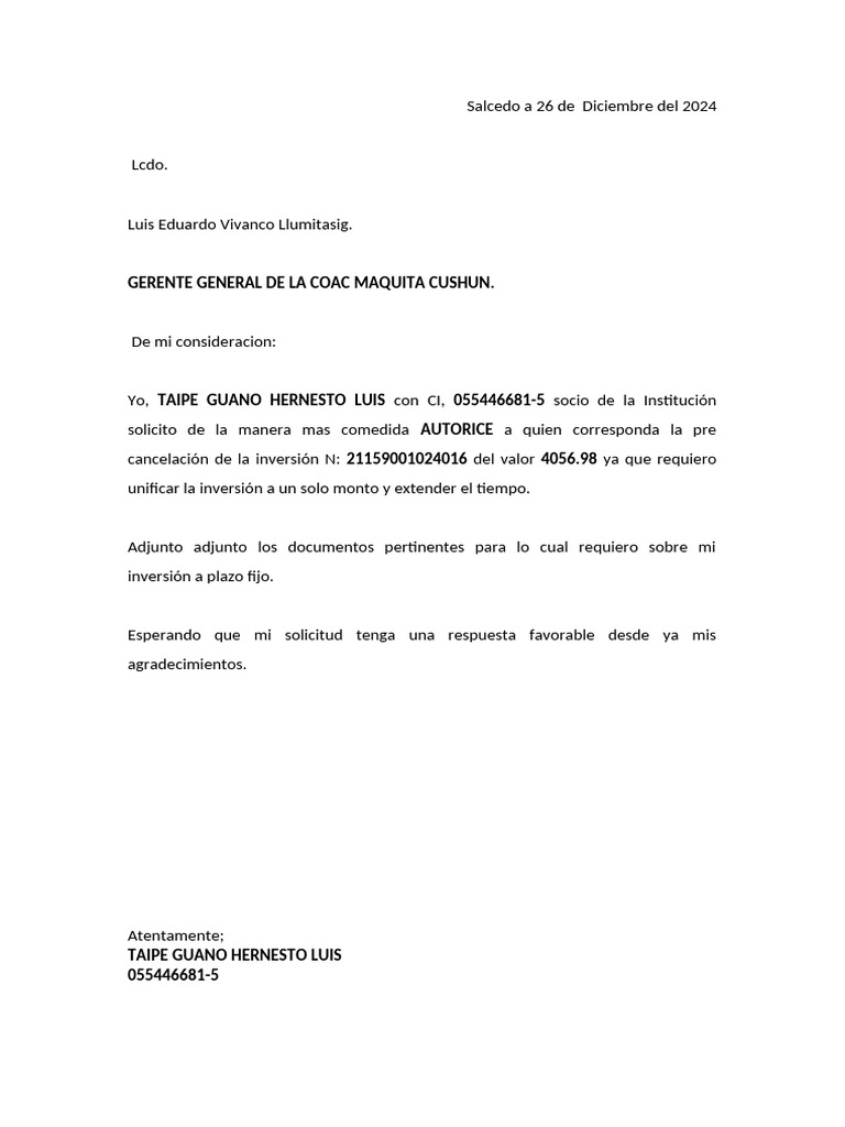 Solicitud de Precancelacion de CDP | PDF