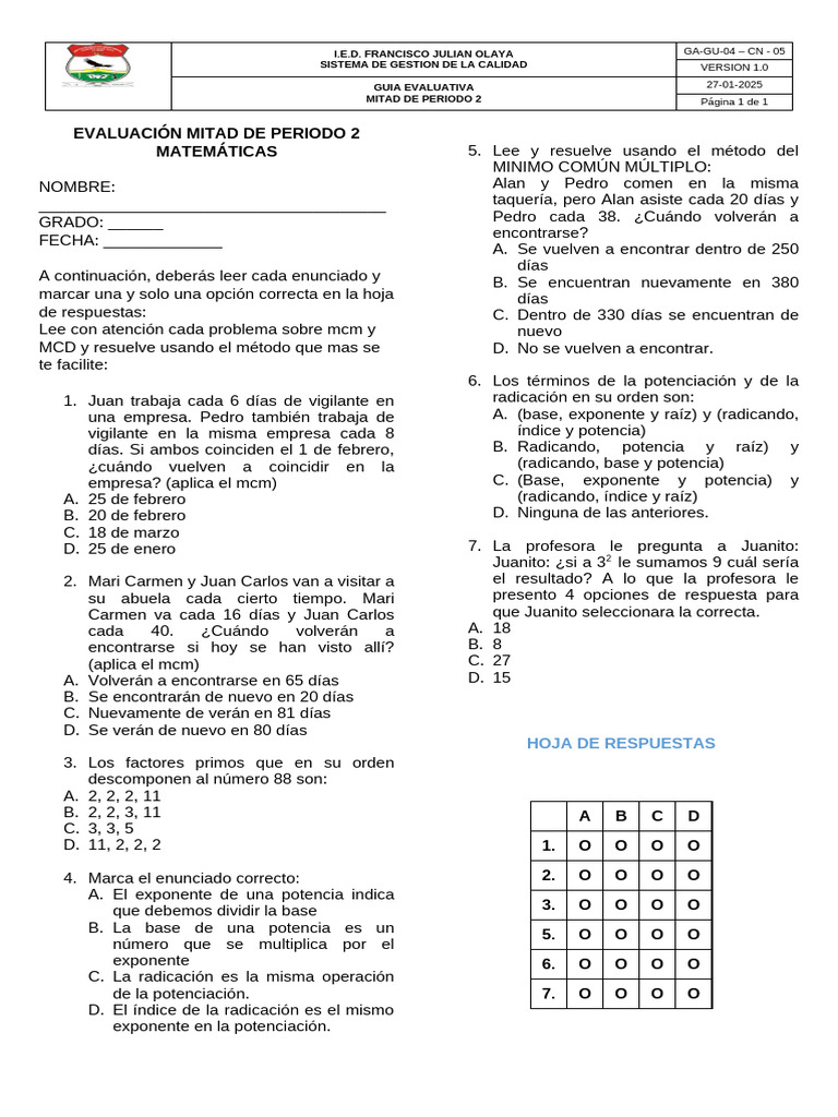 Evaluación de Matemáticas Mitad Periodo 2 | PDF