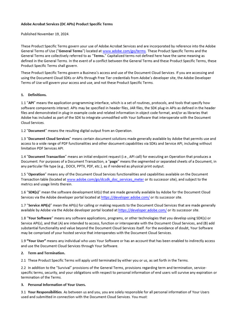 Adobe Acrobat Services Product Specific Terms en US 20241119 | PDF | Cloud Computing | Software ...