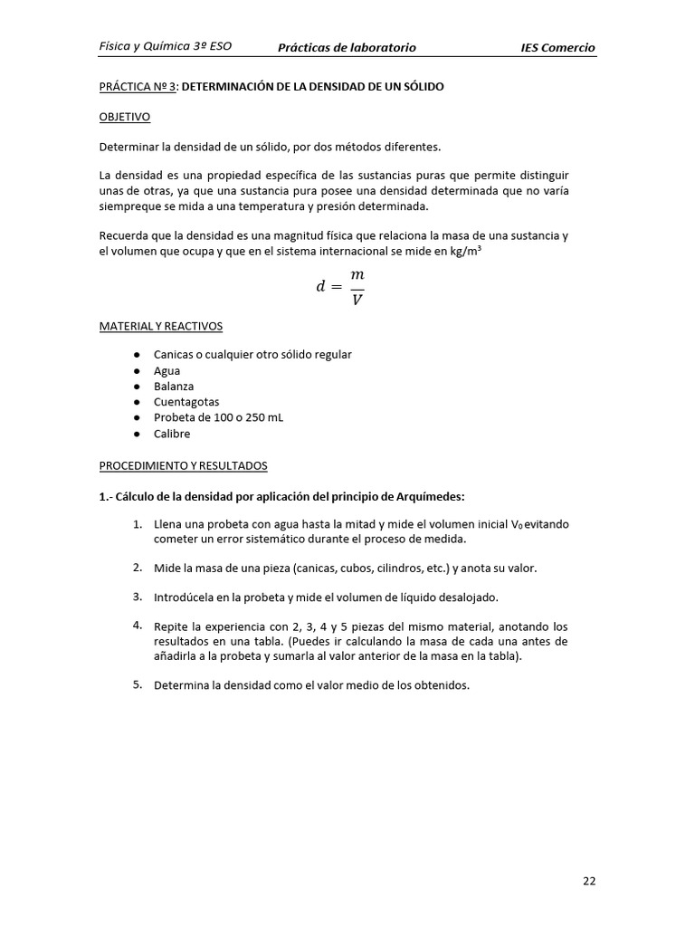 Práctica 3 - Determinación de La Densidad de Un Sólido | PDF | Densidad | Volumen