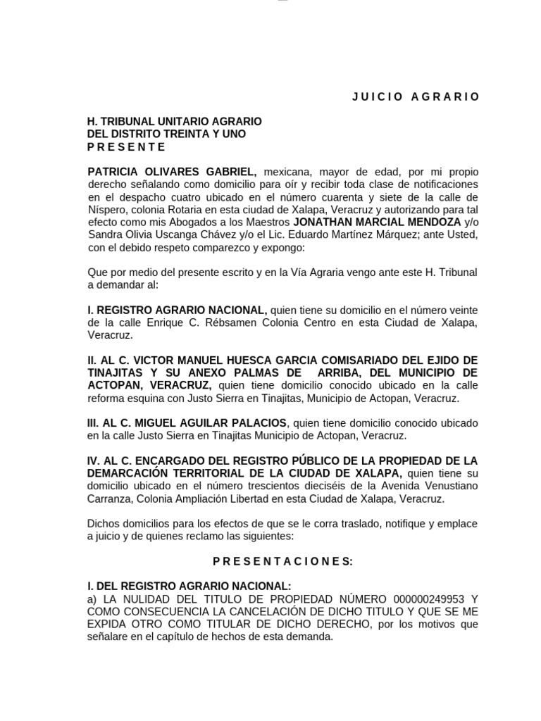 Formato de Demanda de Juicio Agrario | PDF | Caso de ley | Propiedad