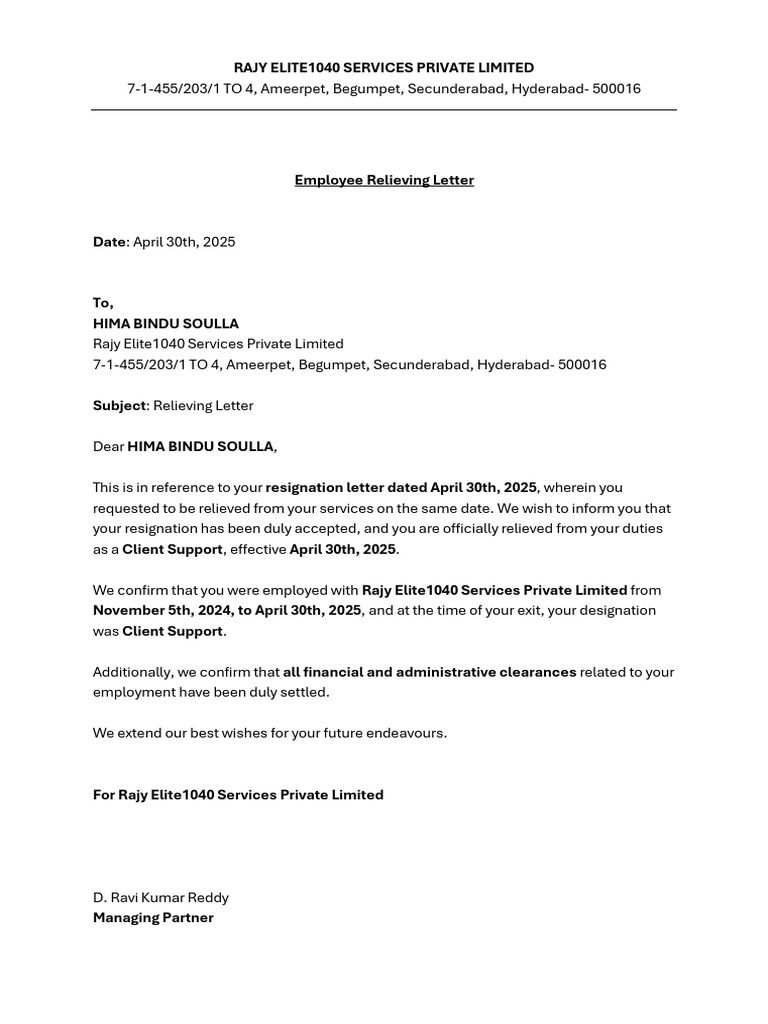 Hima Bindu Relieving Letter_250503_000739 | PDF