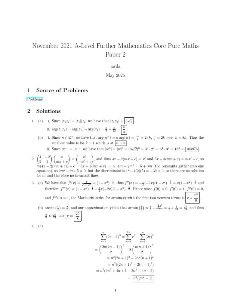November 2021 A Level Further Mathematics Core Pure Maths Paper 2 | PDF ...