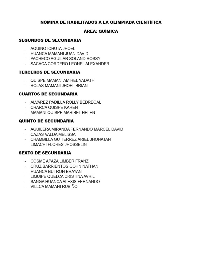 Nómina de Habilitados A La Olimpiada Científica Quimica | PDF