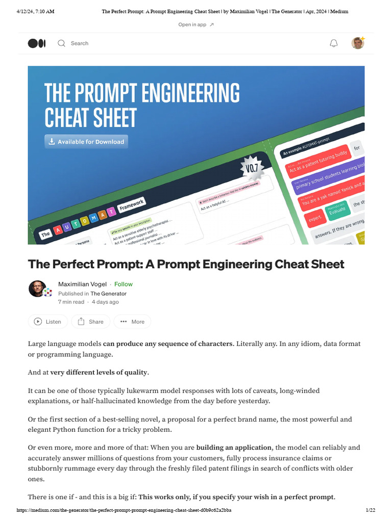 The Perfect Prompt A Prompt Engineering Cheat Sheet by Maximilian Vogel The Generator Apr 2024 ...