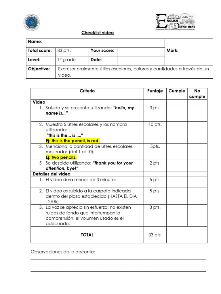 Checklist Video 1° Básico - Utiles Escolares | PDF