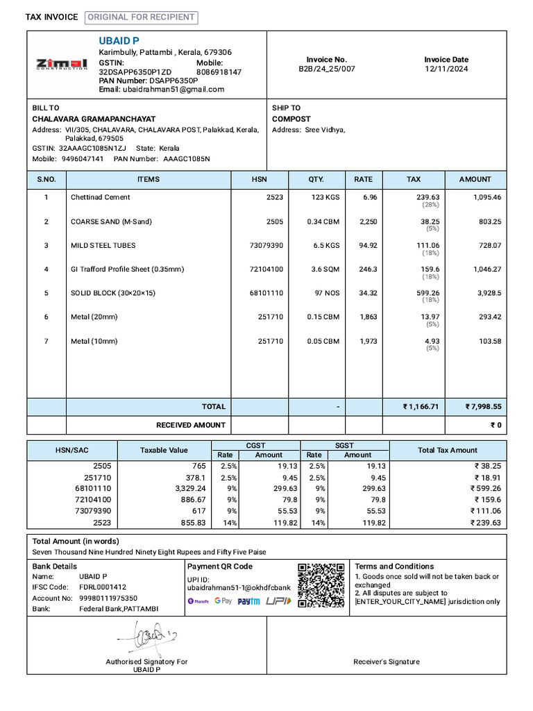 b2b 24-25-007-Sales Invoice-Chalavara Gramapanchayat | PDF | Taxation ...