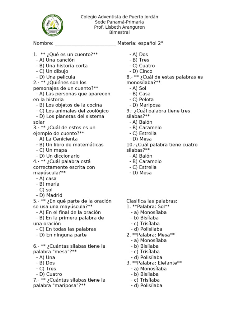 Preguntas 2do Grado Español | PDF