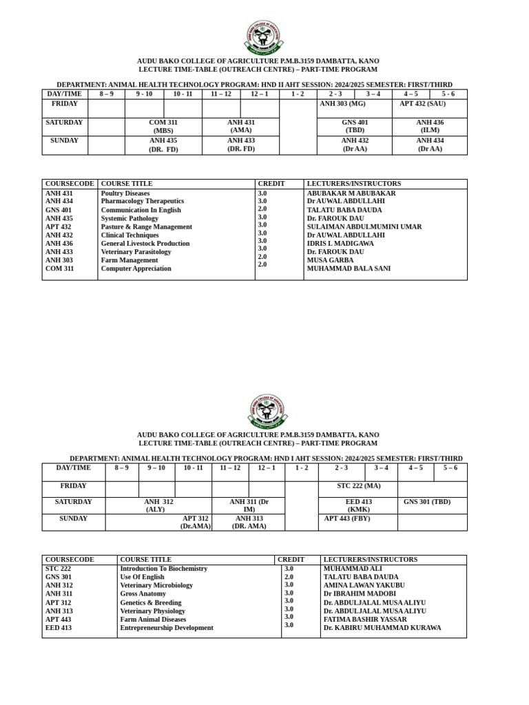 Time Table 1st Semester 2024 2025 | PDF | Biology