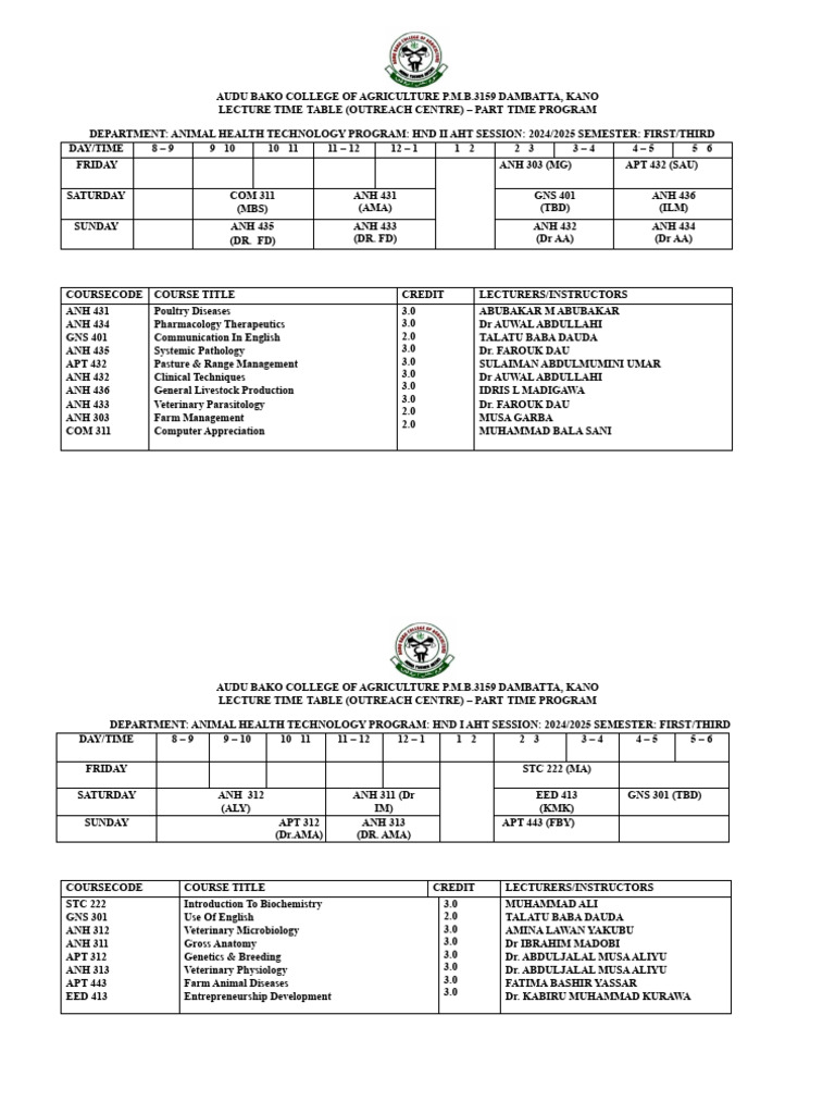 1st and 3rd Semester Timetable 2024-2025 Session - 101010 | PDF | Biology