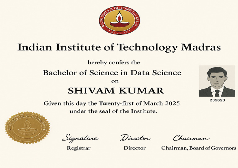 IIT Madras BSC Certificate Shivam Kumar | PDF