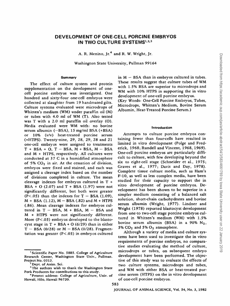 Development of One-Cell Porcine Embryos in Two Culture Systems | PDF ...