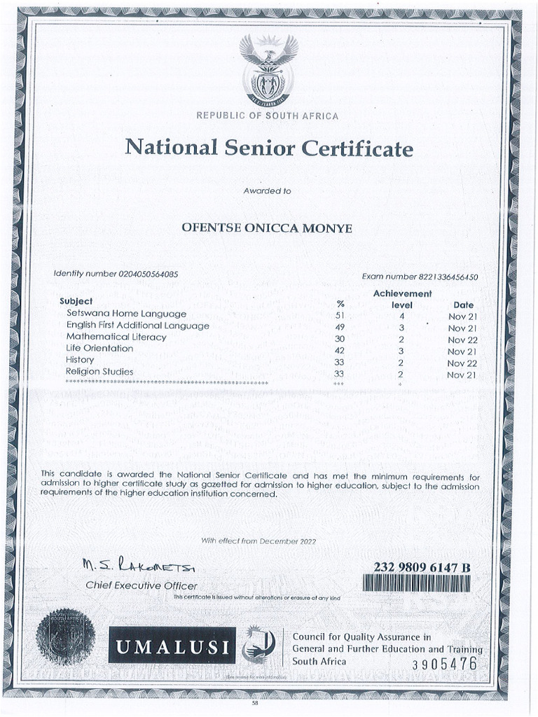 Matric Certificate | PDF