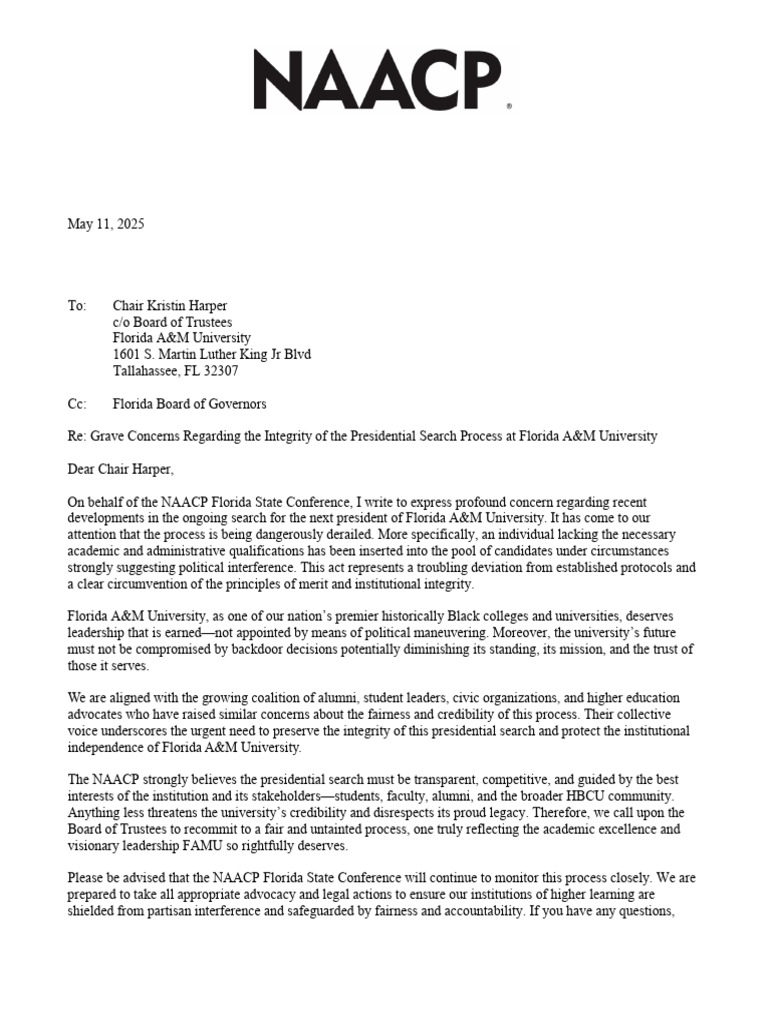 NAACP Florida Conference Letter About FAMU Presidential Search | PDF