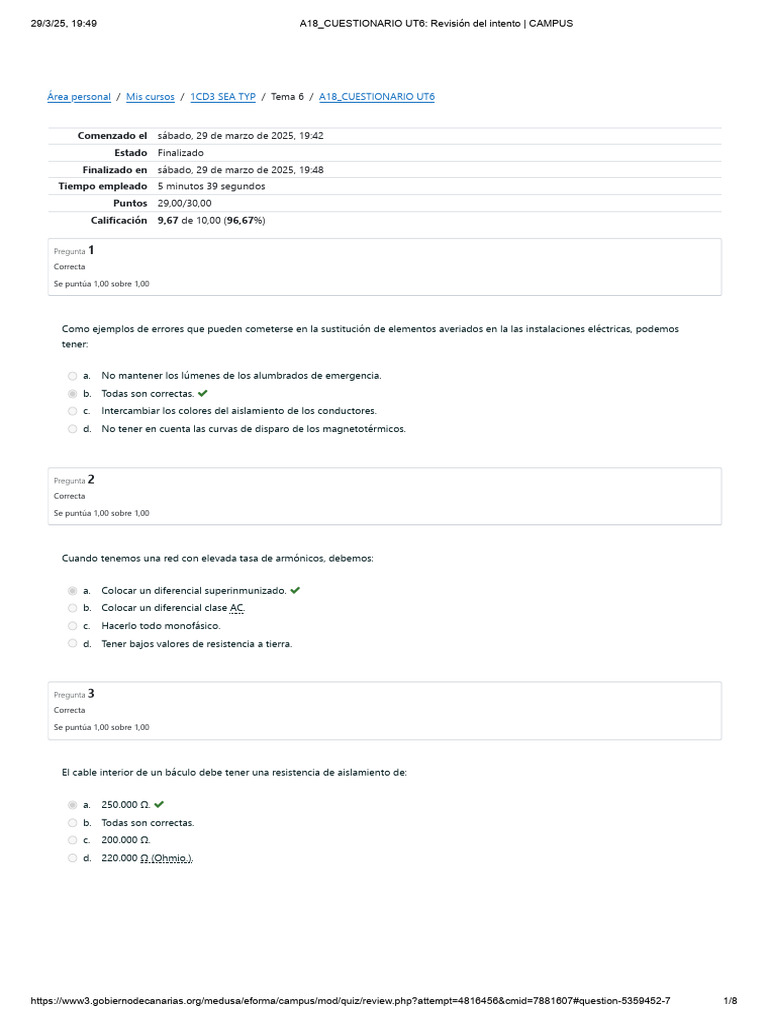 A18 - CUESTIONARIO UT6 - Revisión Del Intento - CAMPUS | PDF | Electricidad | Energia electrica