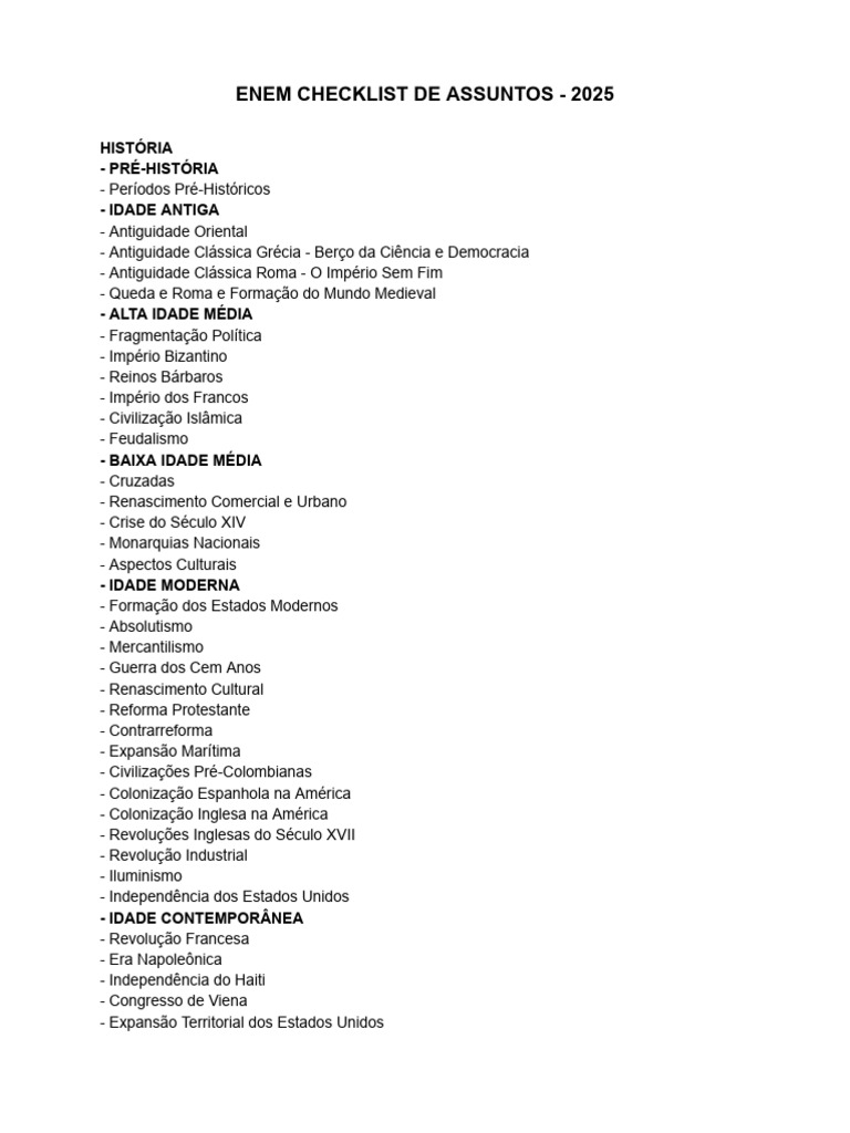 Checklist ENEM 2025: Conteúdos Essenciais | PDF | Química | Brasil