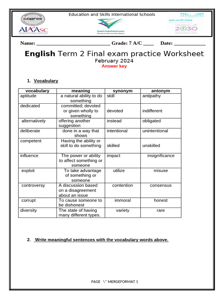 Gr. 7 Practice Sheet 2nd Term Final Exam 2024 A.K 2 | PDF | Clause | Sentence (Linguistics)