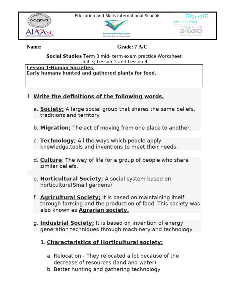 Grade 7 Social Studies- 3rdTerm Mid -Term Exam Practice Sheet- Ans Key ...