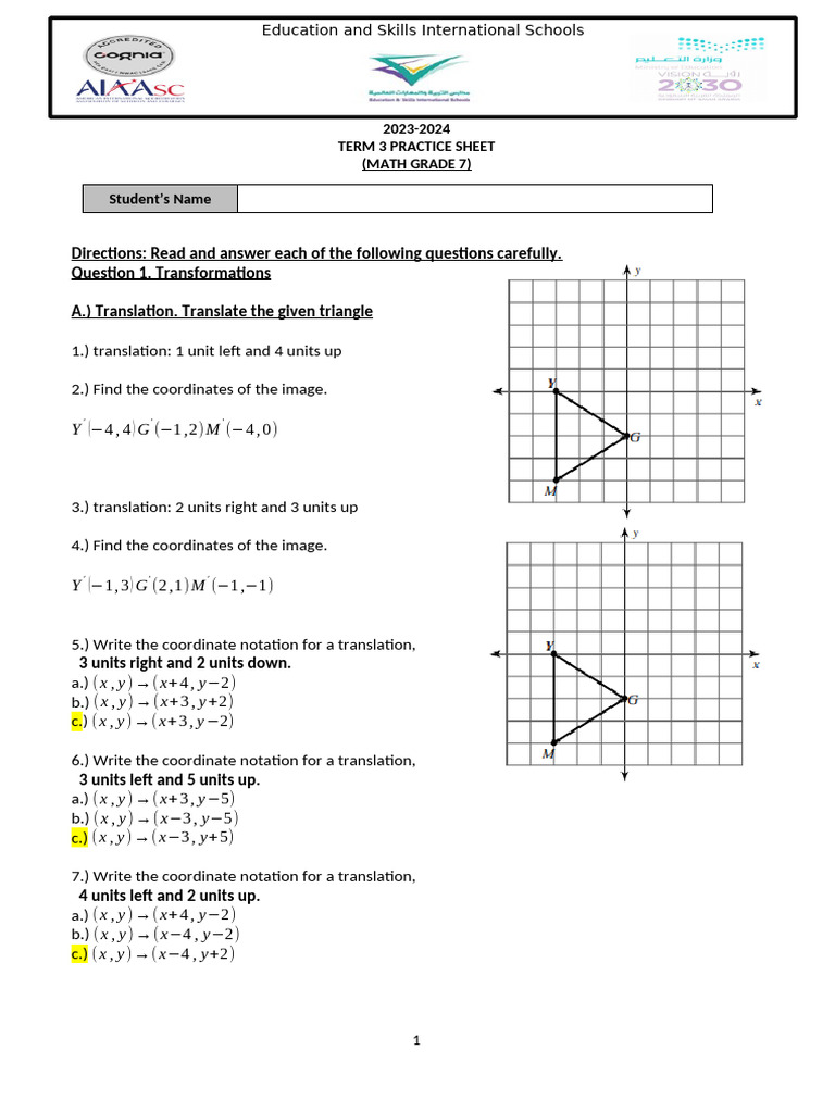 Math 7 Term 3 (AK) Practice Sheet 2 | PDF | Geometry | Euclidean Geometry