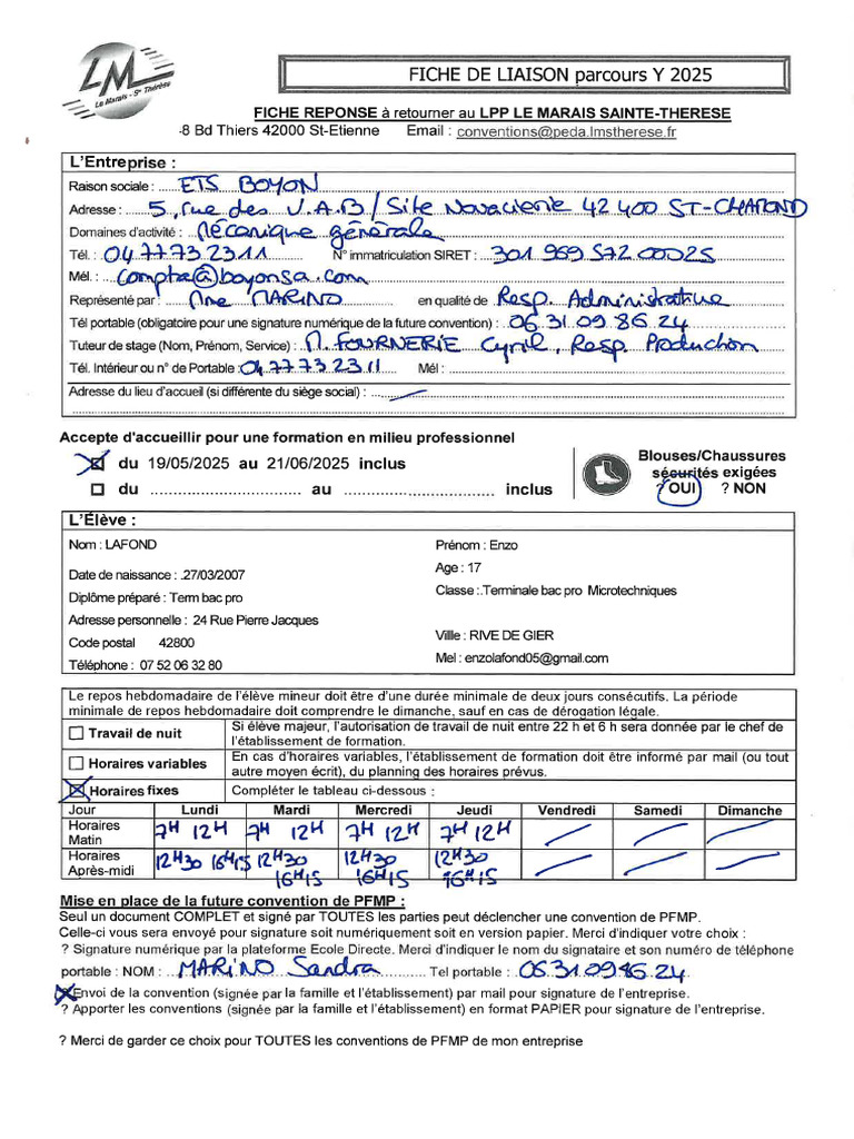 Fiche de Liaison Enzo Lafond | PDF